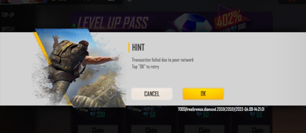 Сообщение об ошибке Transaction Failed Due To Poor Network Free Fire Cis